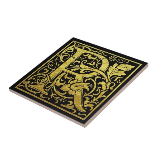 Letter R First Letter Faux Gold Black Ceramic Tile | Zazzle