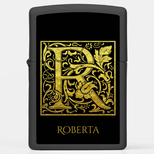 Letter R First Letter Gold on Black Zippo Lighter | Zazzle
