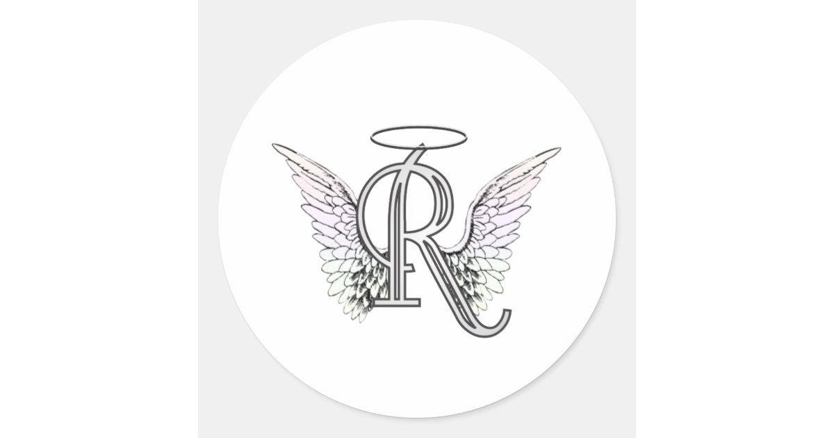 Letter R Initial Monogram with Angel Wings & Halo Classic Round Sticker ...