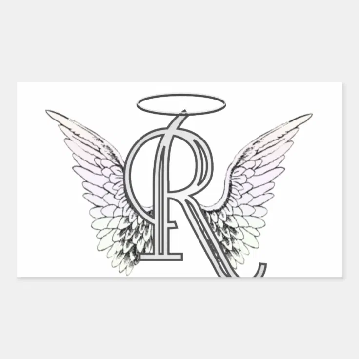Letter R Initial Monogram with Angel Wings & Halo Rectangular Sticker ...