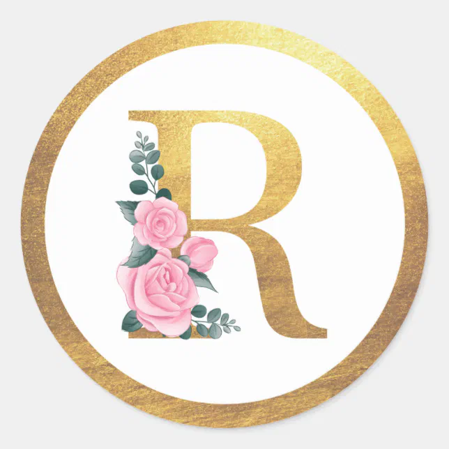 Letter R Monogram Pink Roses Floral & Elegant Gold Classic Round ...