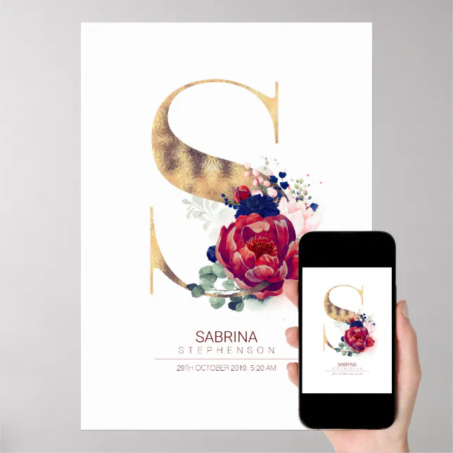 Letter S Monogram Floral Navy Blue and Burgundy Poster | Zazzle