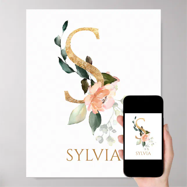 Letter S Monogram Pink Peach rose Nursery Poster | Zazzle