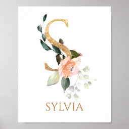 Letter S Monogram Pink Peach rose Nursery Poster | Zazzle