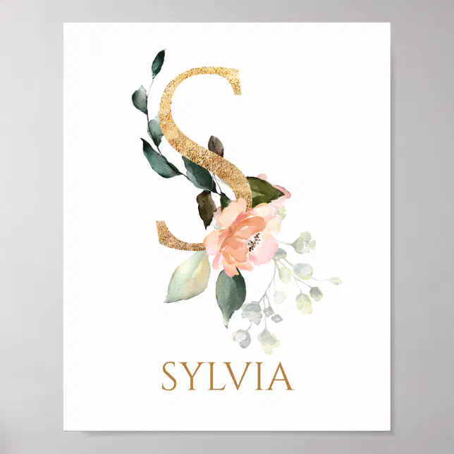 Letter S Monogram Pink Peach rose Nursery Poster | Zazzle