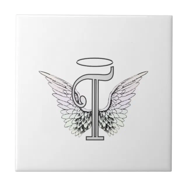 Letter T Initial Monogram with Angel Wings & Halo Tile | Zazzle