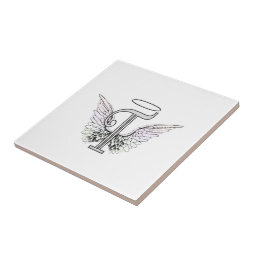 Letter T Initial Monogram with Angel Wings & Halo Tile | Zazzle