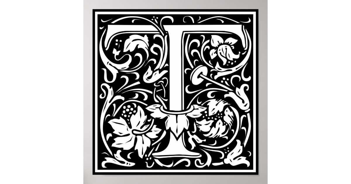 Letter T Medieval Monogram Art Nouveau Poster | Zazzle