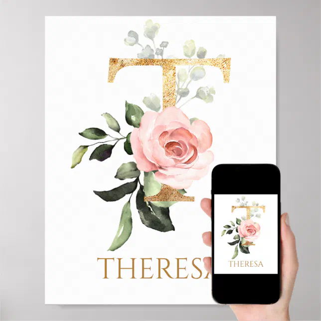 Letter T Monogram pink rose Nursery Poster | Zazzle