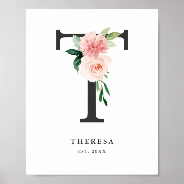 Letter T Monogram Watercolor Peach Florals Nursery Poster | Zazzle
