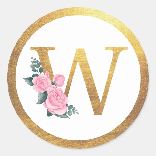 Letter W Monogram Pink Roses Floral & Elegant Gold Classic Round ...