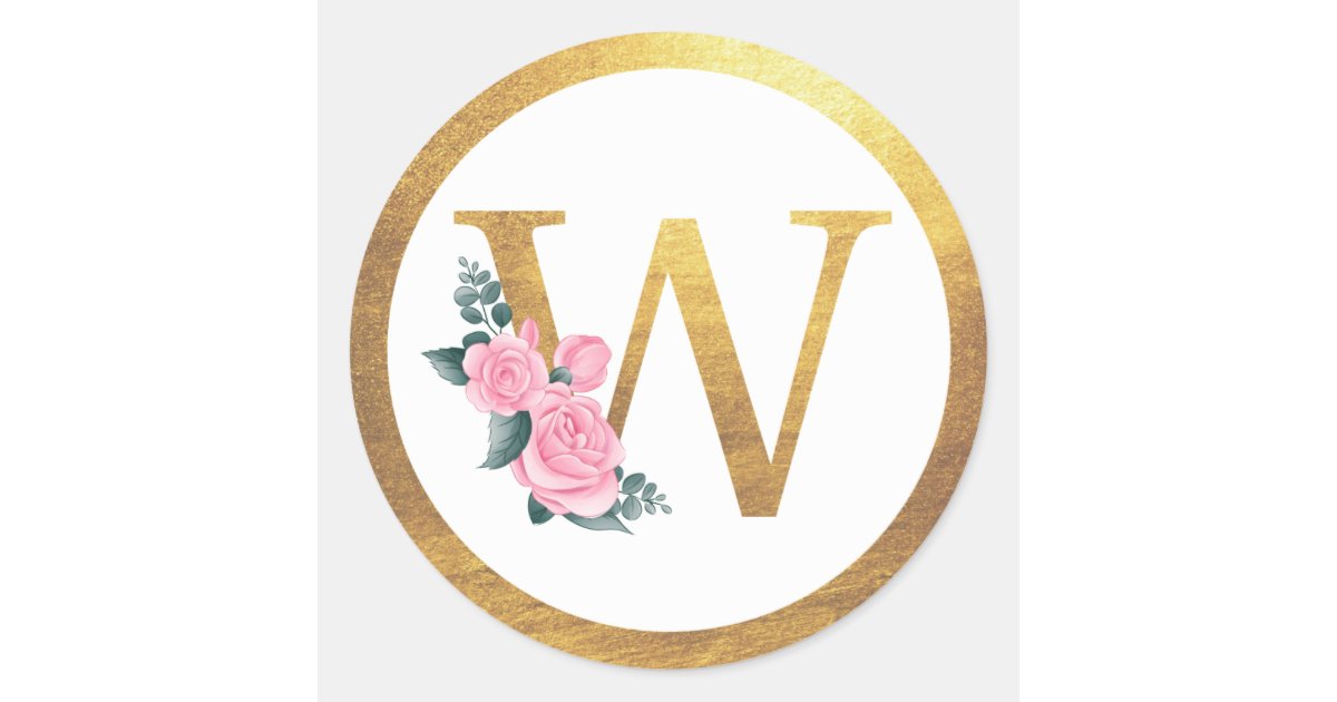 Letter W Monogram Pink Roses Floral & Elegant Gold Classic Round ...