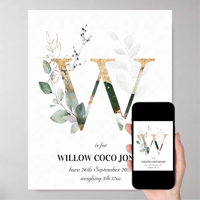 Letter W New Baby Monogram Birth Print Greenery | Zazzle