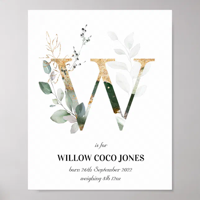 Letter W New Baby Monogram Birth Print Greenery | Zazzle