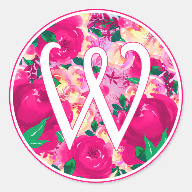 Letter W Pink Watercolor Floral Circle Monogram Classic Round Sticker ...