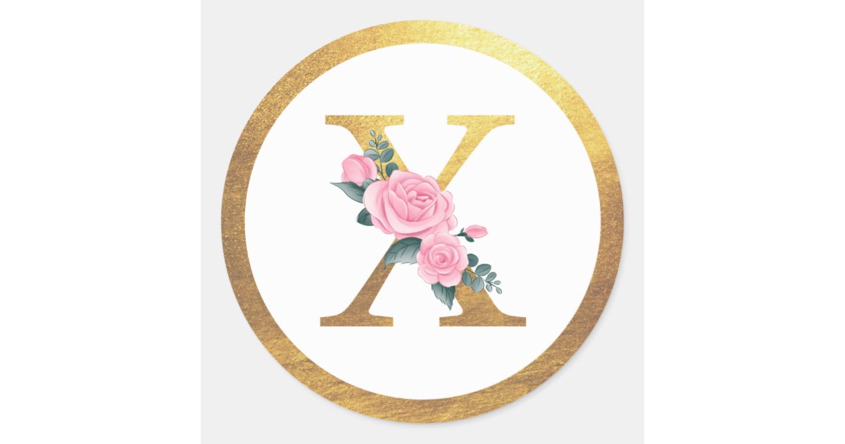 Letter X Monogram Pink Roses Floral & Elegant Gold Classic Round ...