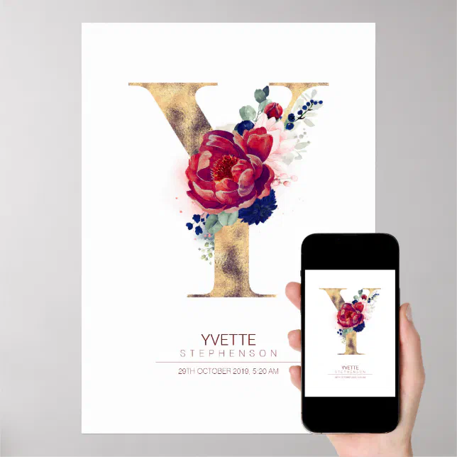 Letter Y Monogram Floral Navy Blue and Burgundy Poster | Zazzle