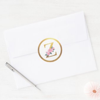 Letter Z Monogram Pink Roses Floral & Elegant Gold Classic Round ...