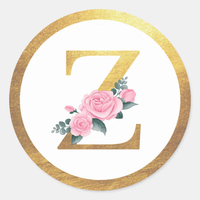Letter Z Monogram Pink Roses Floral & Elegant Gold Classic Round ...
