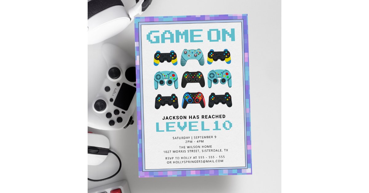 Level Up Colorful Pixels Video Game Boy Birthday Invitation | Zazzle