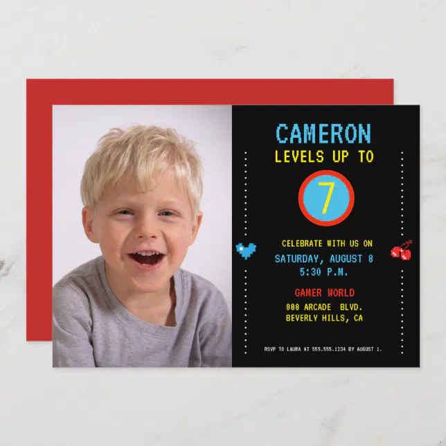 Level Up Custom 7th Birthday Party Boy Photo Invitation | Zazzle