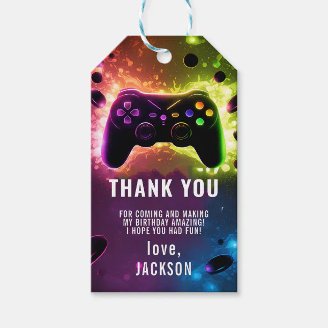 Level Up! Neon Video Game Birthday Party Gift Tags | Zazzle