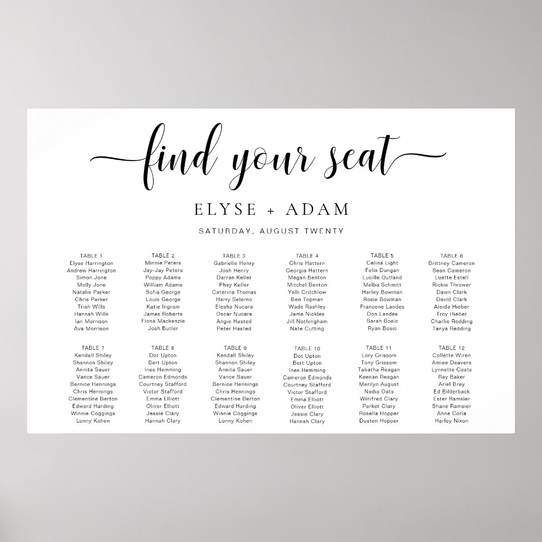 Leyton Minimal 12 Table Seating Chart Poster | Zazzle