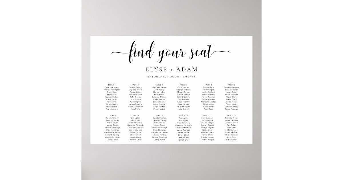 Leyton Minimal 12 Table Seating Chart Poster | Zazzle