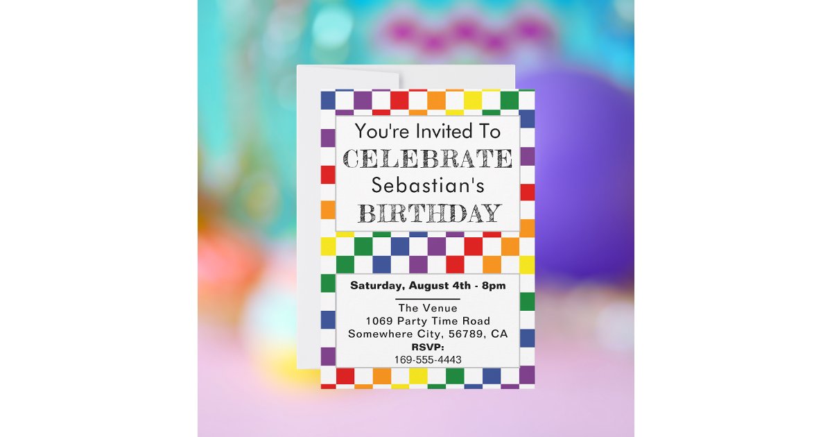 LGBT Birthday Party Rainbow Check Invitation | Zazzle