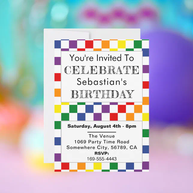LGBT Birthday Party Rainbow Check Invitation | Zazzle