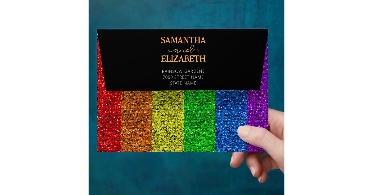 LGBT flag rainbow sparkles gay lesbian wedding Envelope | Zazzle