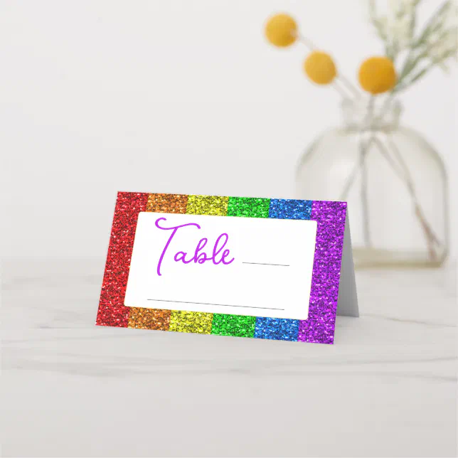 LGBT flag rainbow sparkles gay lesbian wedding Place Card | Zazzle