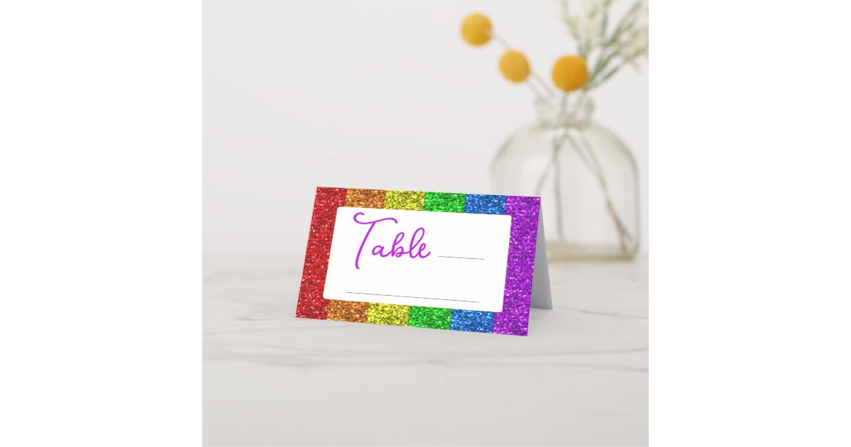 LGBT flag rainbow sparkles gay lesbian wedding Place Card | Zazzle