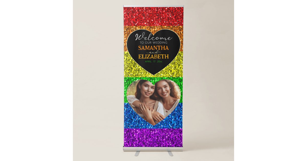 LGBT flag rainbow sparkles heart photo wedding Retractable Banner | Zazzle