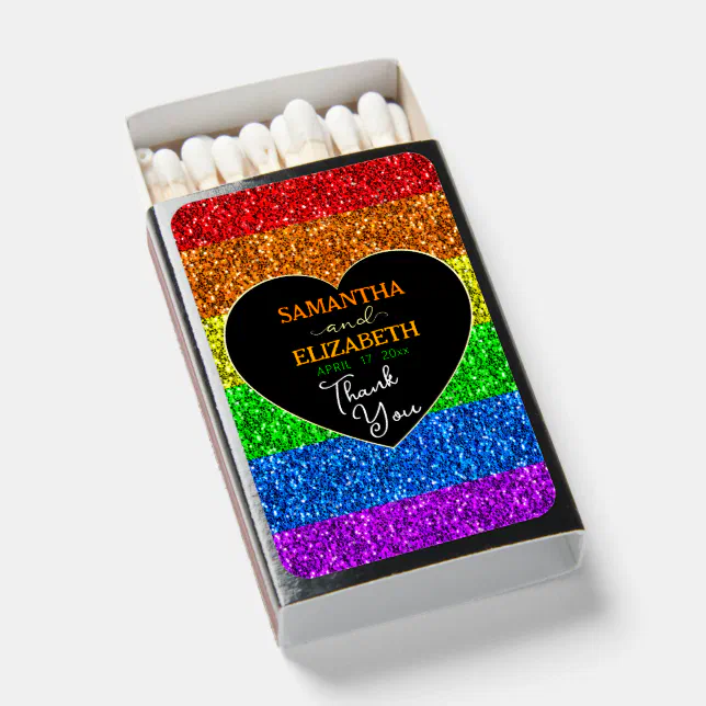 LGBT flag rainbow sparkles heart wedding Thank you Matchboxes | Zazzle