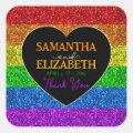 LGBT flag rainbow sparkles heart wedding Thank you Square Sticker | Zazzle