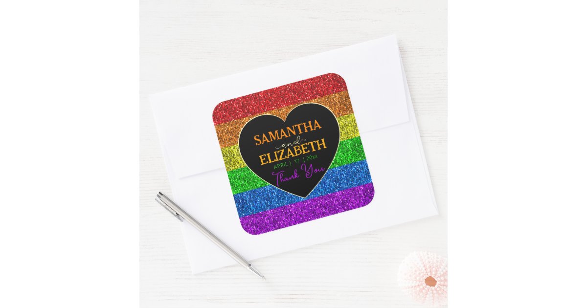 LGBT flag rainbow sparkles heart wedding Thank you Square Sticker | Zazzle
