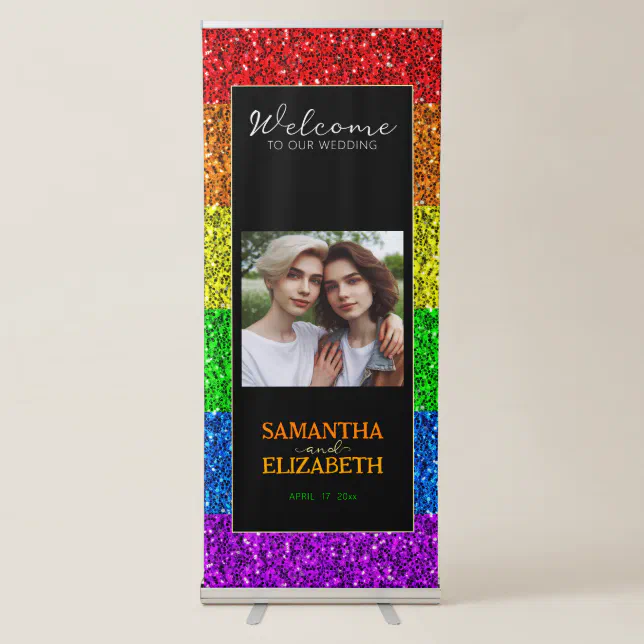 LGBT flag rainbow sparkles photo gay wedding Retractable Banner | Zazzle