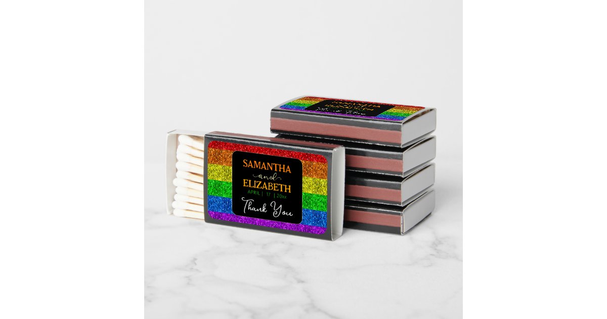 LGBT flag rainbow sparkles wedding Thank you Matchboxes | Zazzle