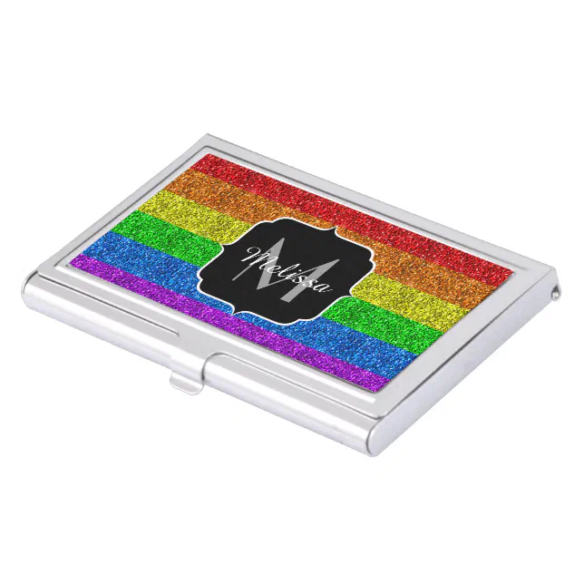 LGBT flag vibrant rainbow glitter sparkle Monogram Business Card Holder ...