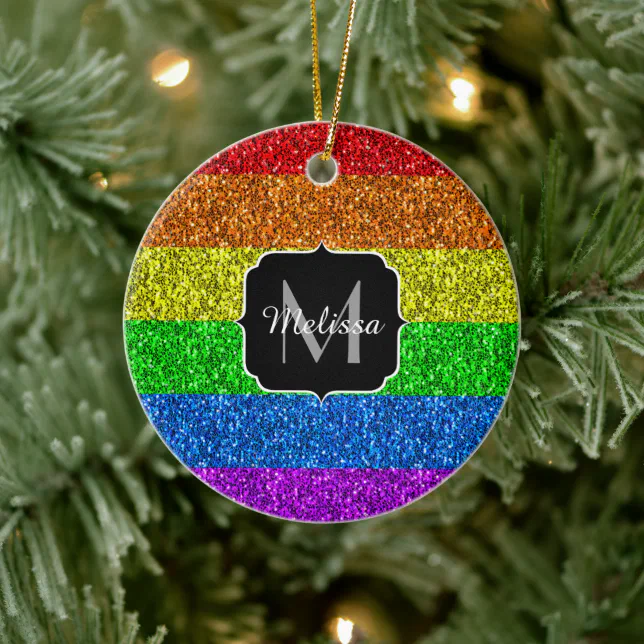 LGBT flag vibrant rainbow glitter sparkle Monogram Ceramic Ornament ...