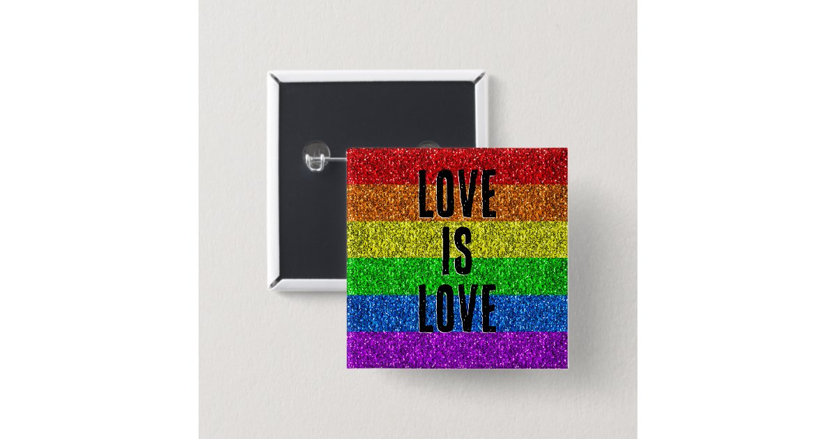 LGBT flag vibrant Sparkle Love text customize Button | Zazzle
