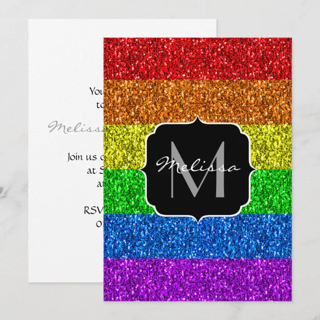 LGBT flag vibrant sparkles Monogram Invitation | Zazzle