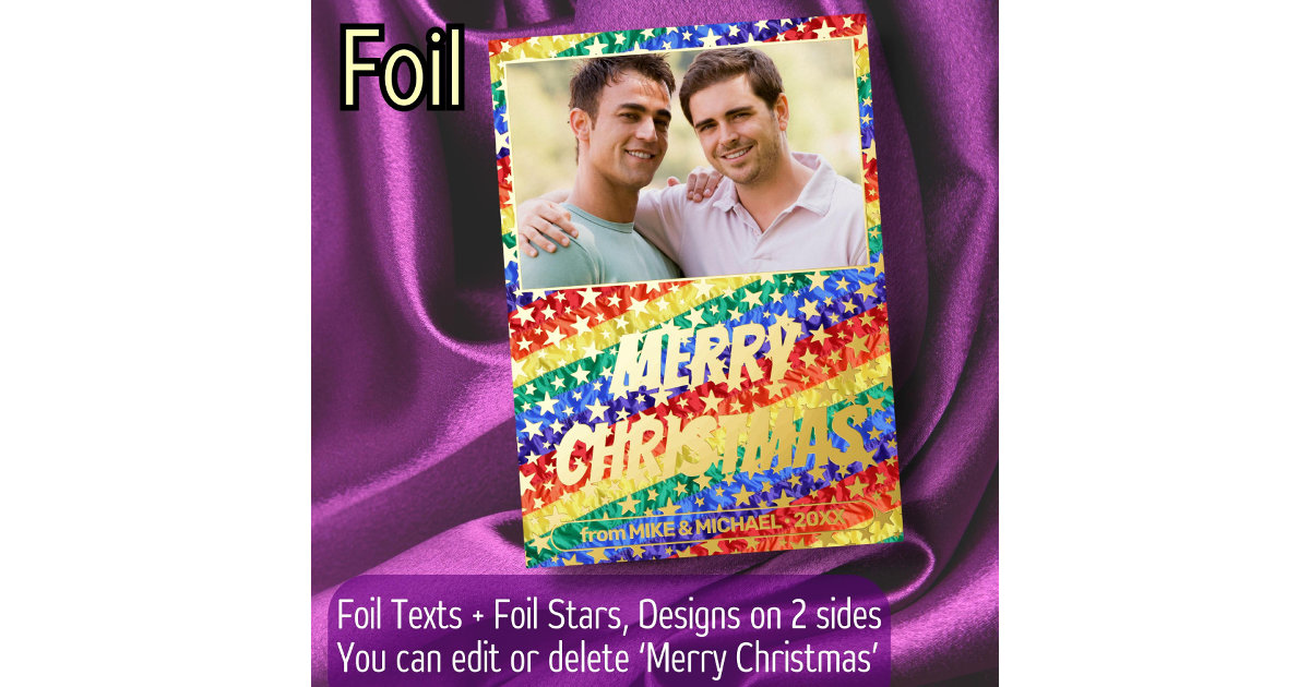 LGBT gay custom photo rainbow flag stars Christmas Foil Holiday Card ...