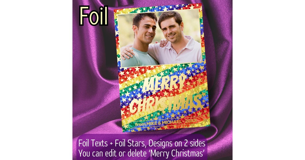 LGBT gay custom photo rainbow flag stars Christmas Foil Holiday Card ...
