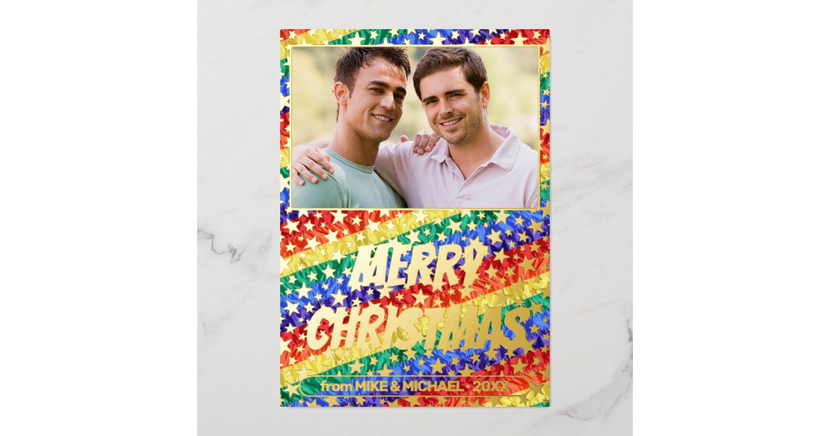 LGBT gay custom photo rainbow flag stars Christmas Foil Holiday Card ...