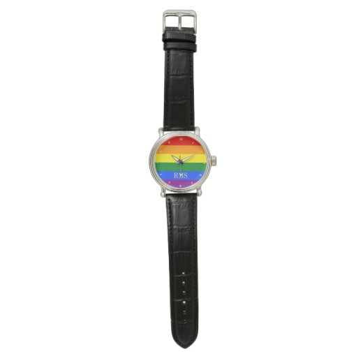LGBT Gay Pride Rainbow Flag Colors Gold Monogram Watch | Zazzle
