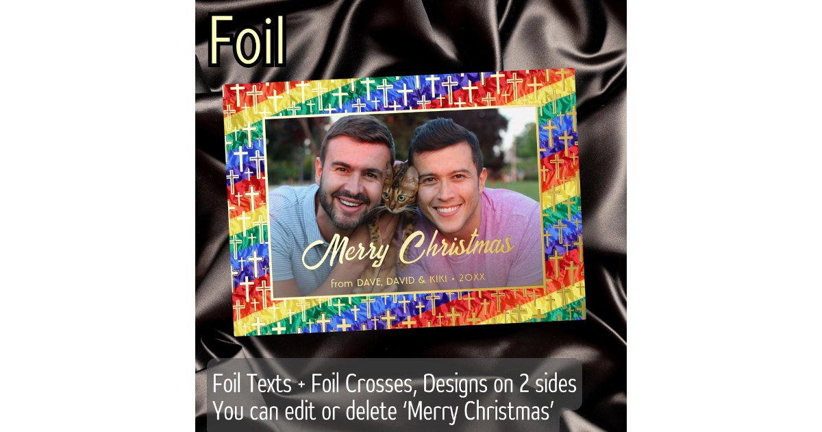 LGBT Gay rainbow flag cross Christmas custom photo Foil Holiday Card ...