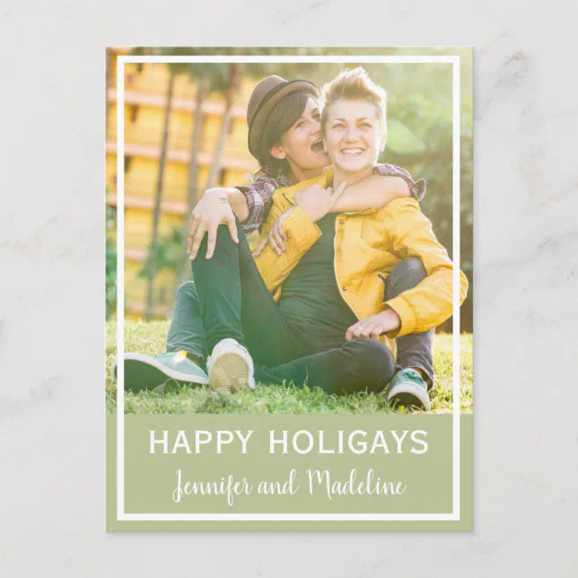 LGBT Happy Holigays Christmas Photo Olive Green Holiday Postcard | Zazzle