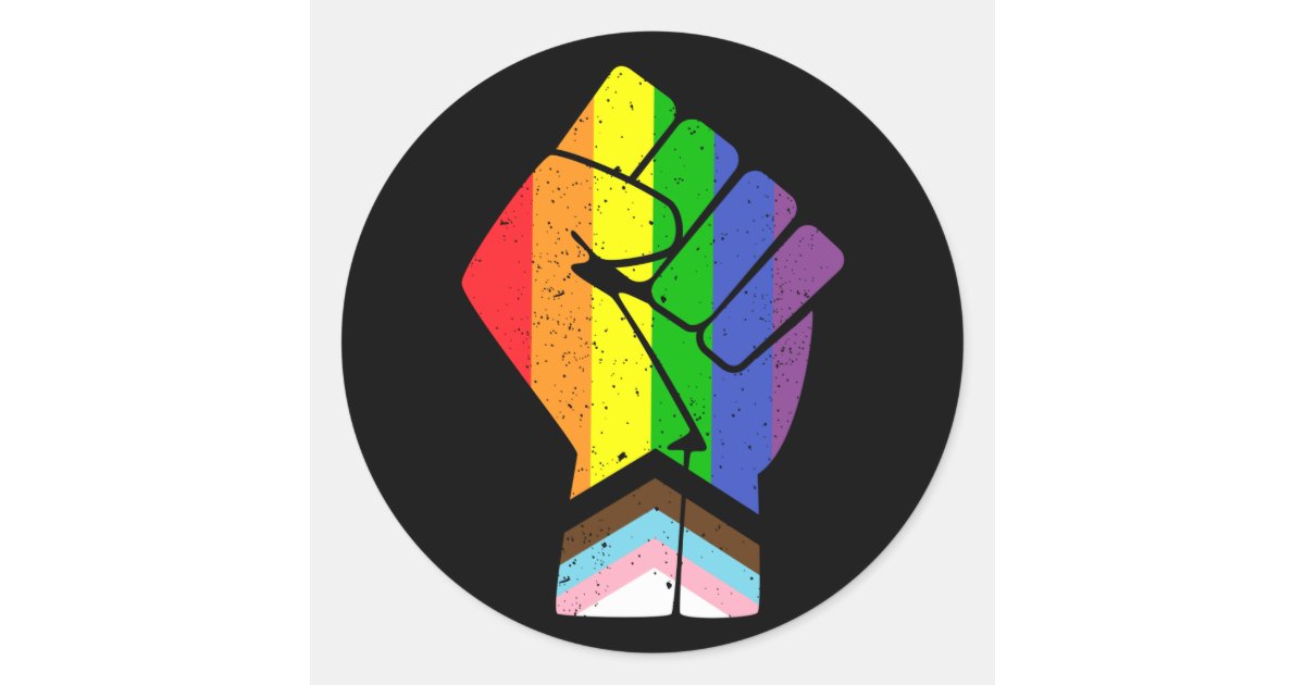 LGBT Pride (Progress) Flag with raised fist Classic Round Sticker | Zazzle